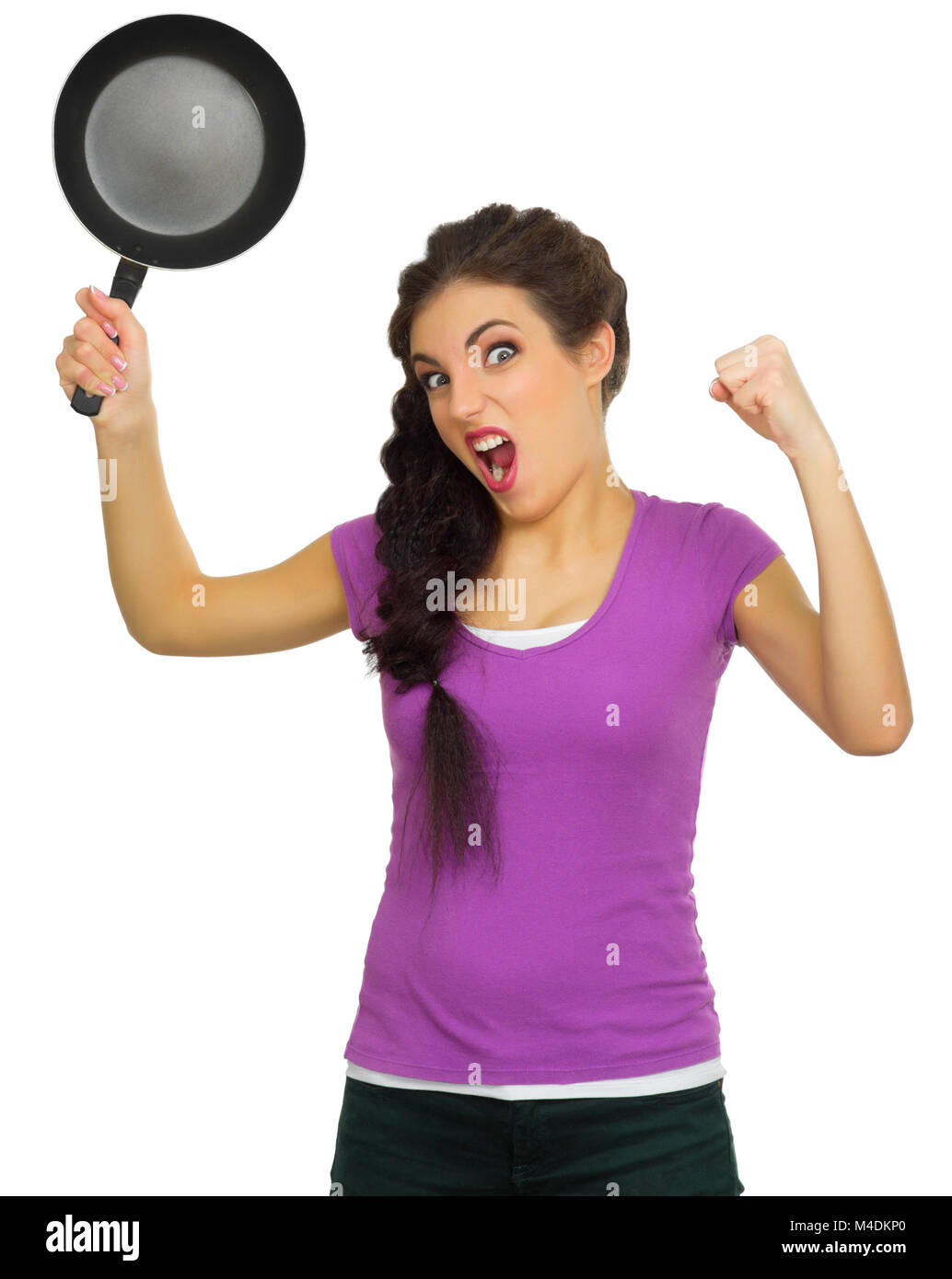 Young angry woman with pan isolated on white Stock Photo - Alamy