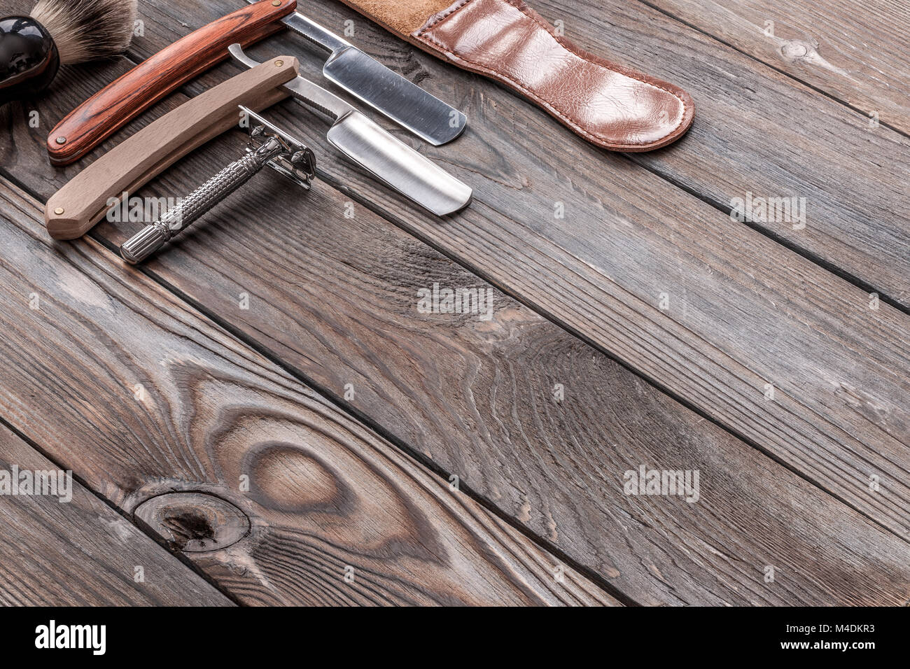 Vintage barber shop tools on wooden background Stock Photo - Alamy
