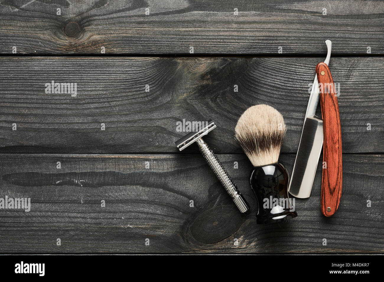 Vintage barber shop tools on wooden background Stock Photo - Alamy