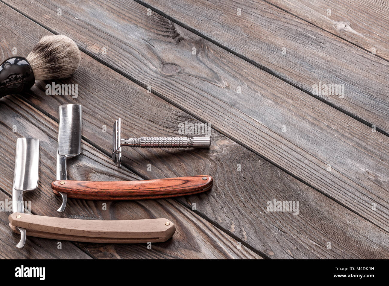 Vintage barber shop tools on wooden background Stock Photo - Alamy