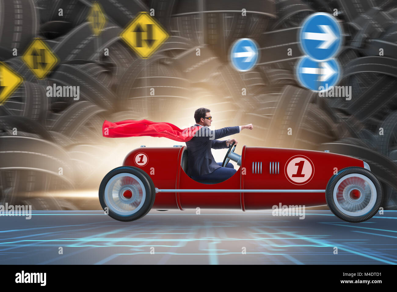 Superhero businessman driving vintage roadster Stock Photo - Alamy