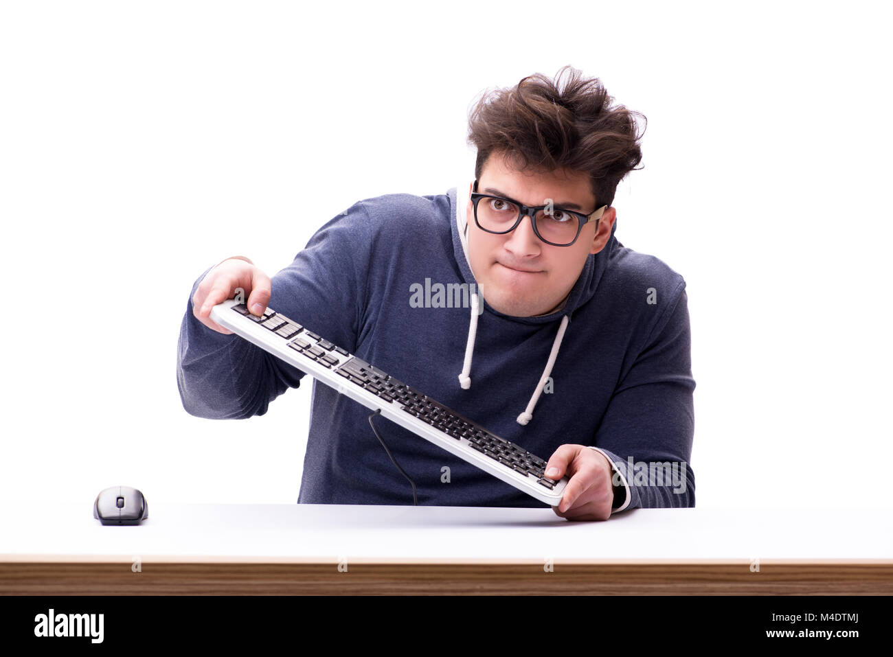 Funny nerd man working on computer isolated on white Stock Photo - Alamy