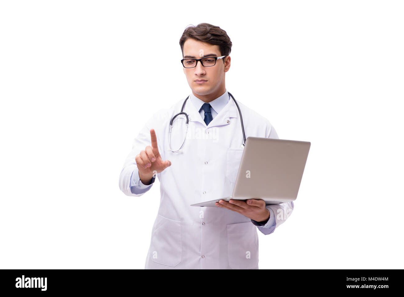 Doctor with laptop isolated on white background Stock Photo - Alamy