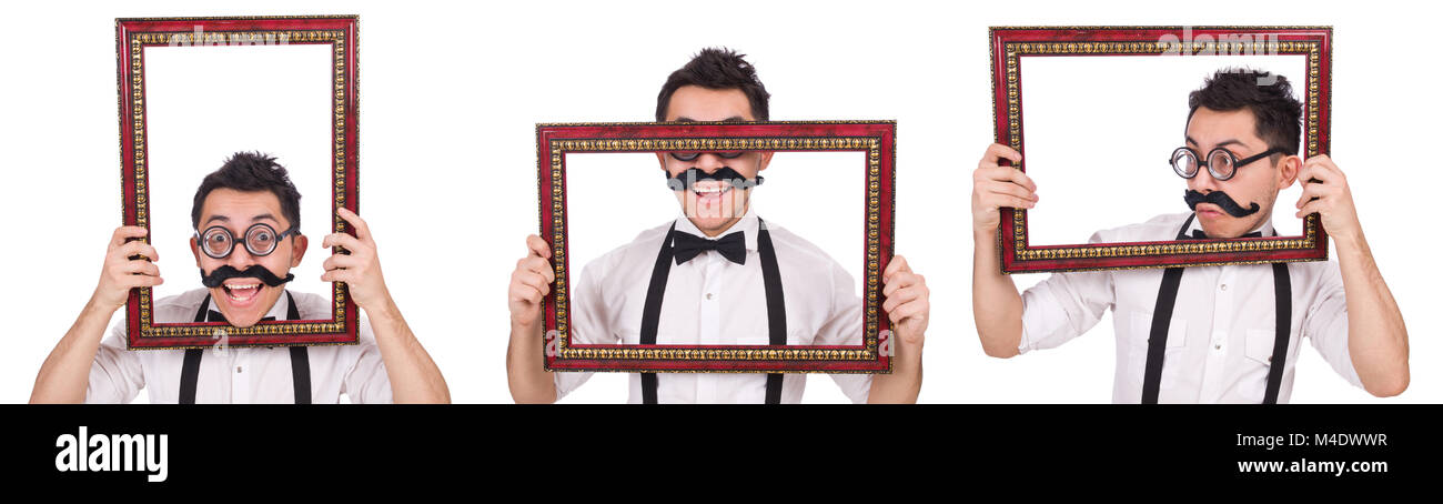 Young man with frame isolated on white Stock Photo - Alamy