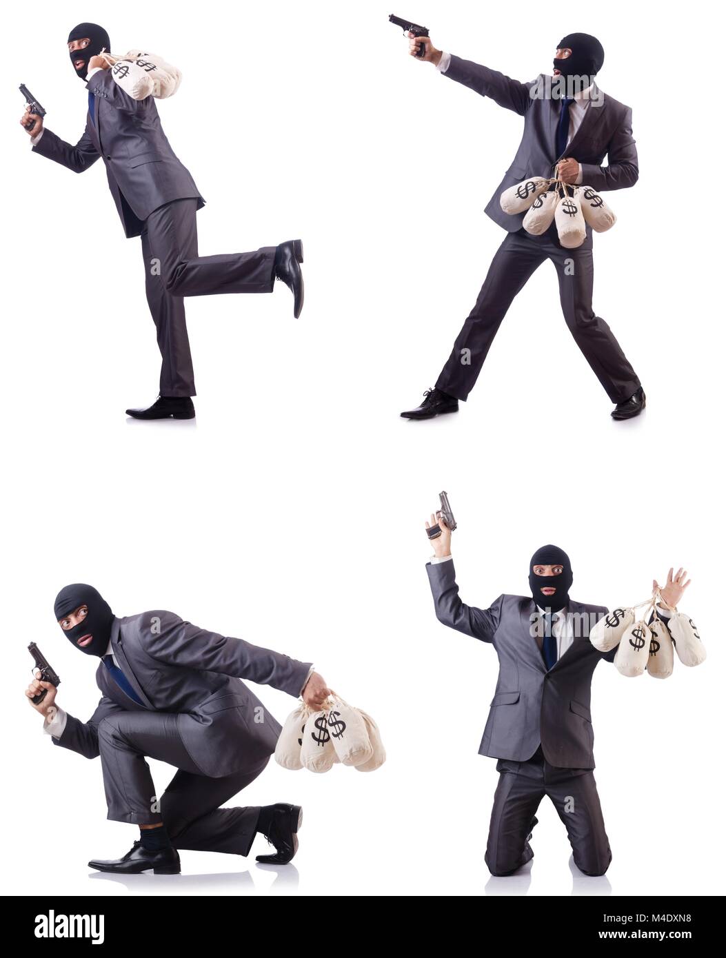 Gangster with bags of money on white Stock Photo - Alamy