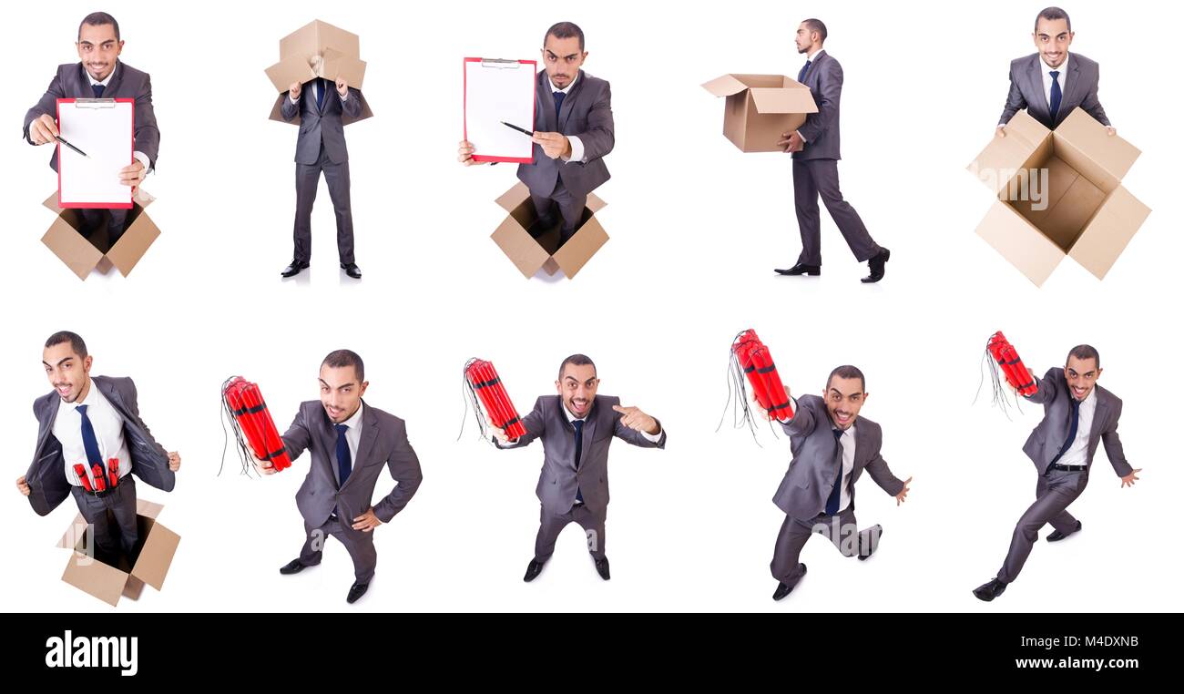 Businessman standing in the box isolated on white Stock Photo - Alamy