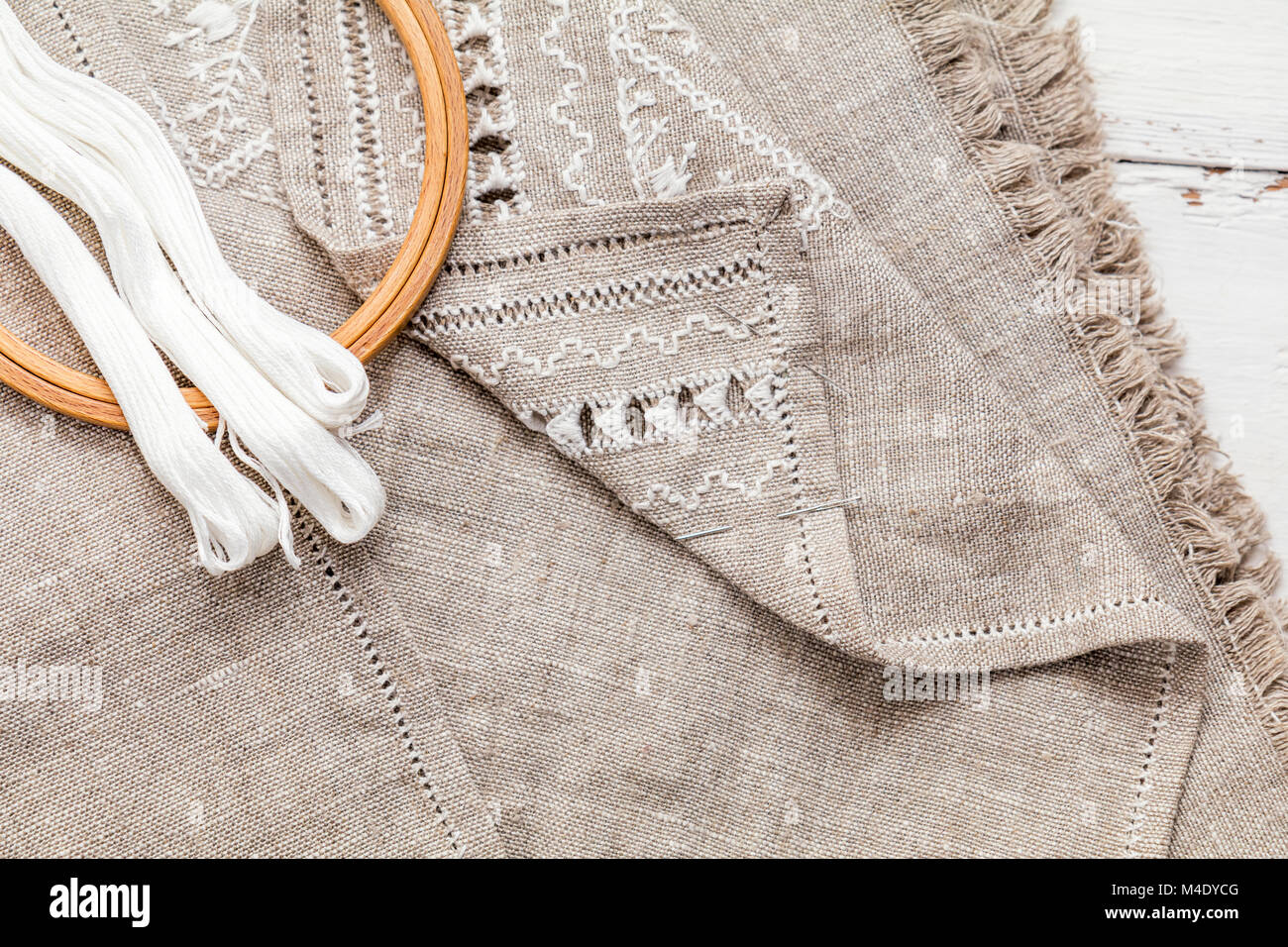 Set for embroidery with thread white color Stock Photo - Alamy