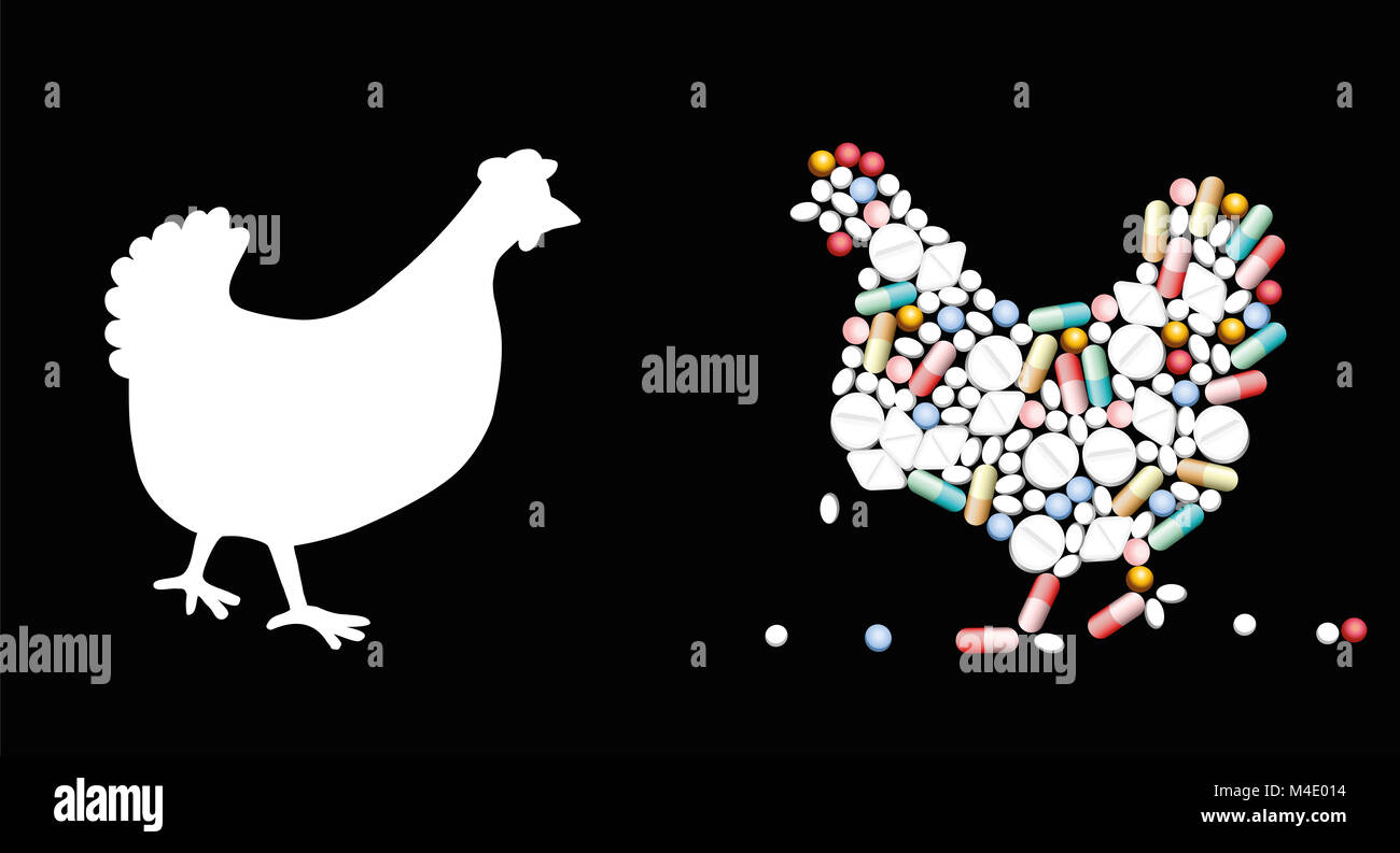 Pills that shape a chicken. Symbol for veterinary healthcare issues ...