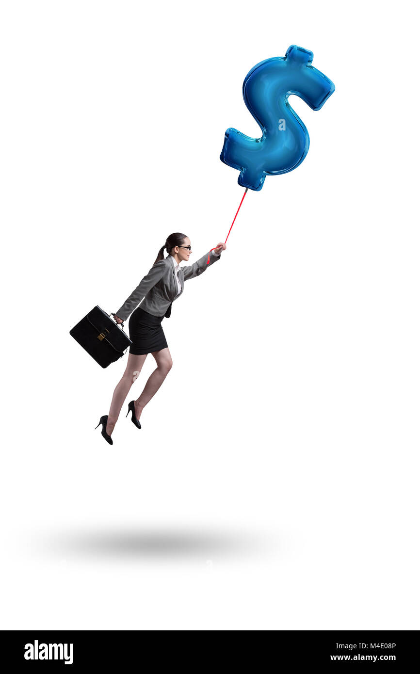Businesswoman flying on dollar sign inflatable balloon Stock Photo - Alamy