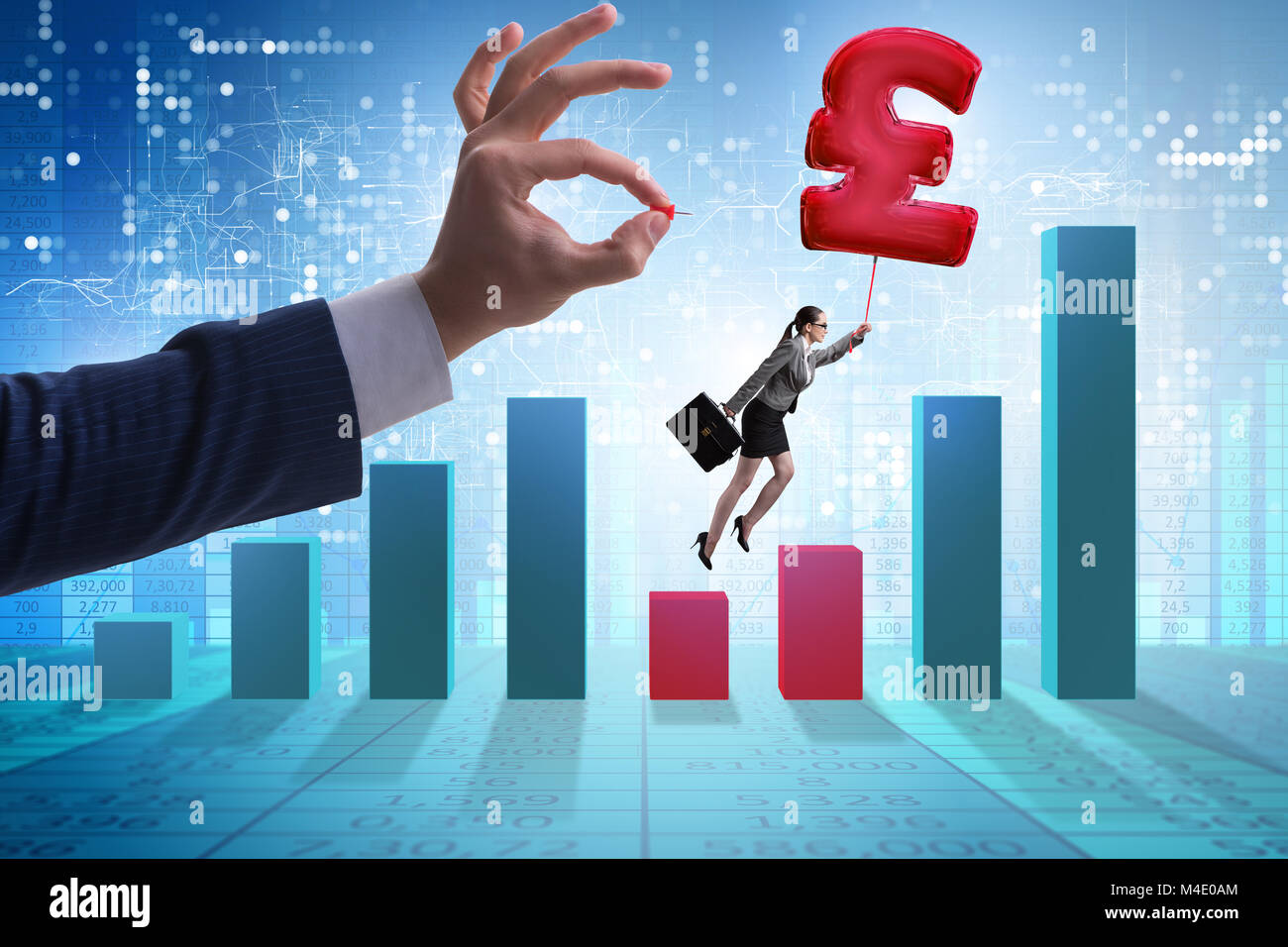 Businesswoman flying on british pound sign inflatable balloon Stock ...