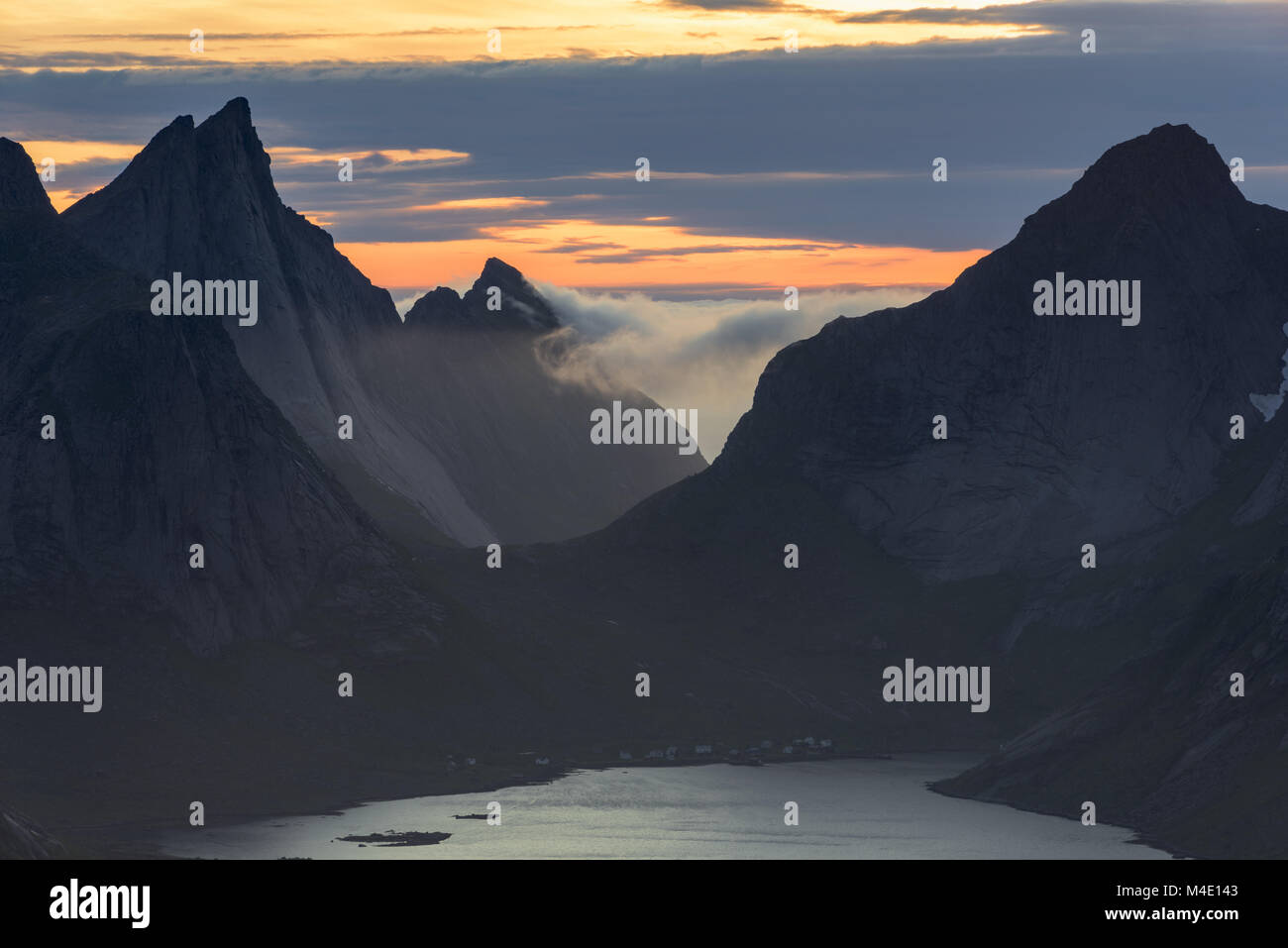 Summer night, Kjerkfjorden, Moskenesoeya, Lofoten, Norway Stock Photo ...