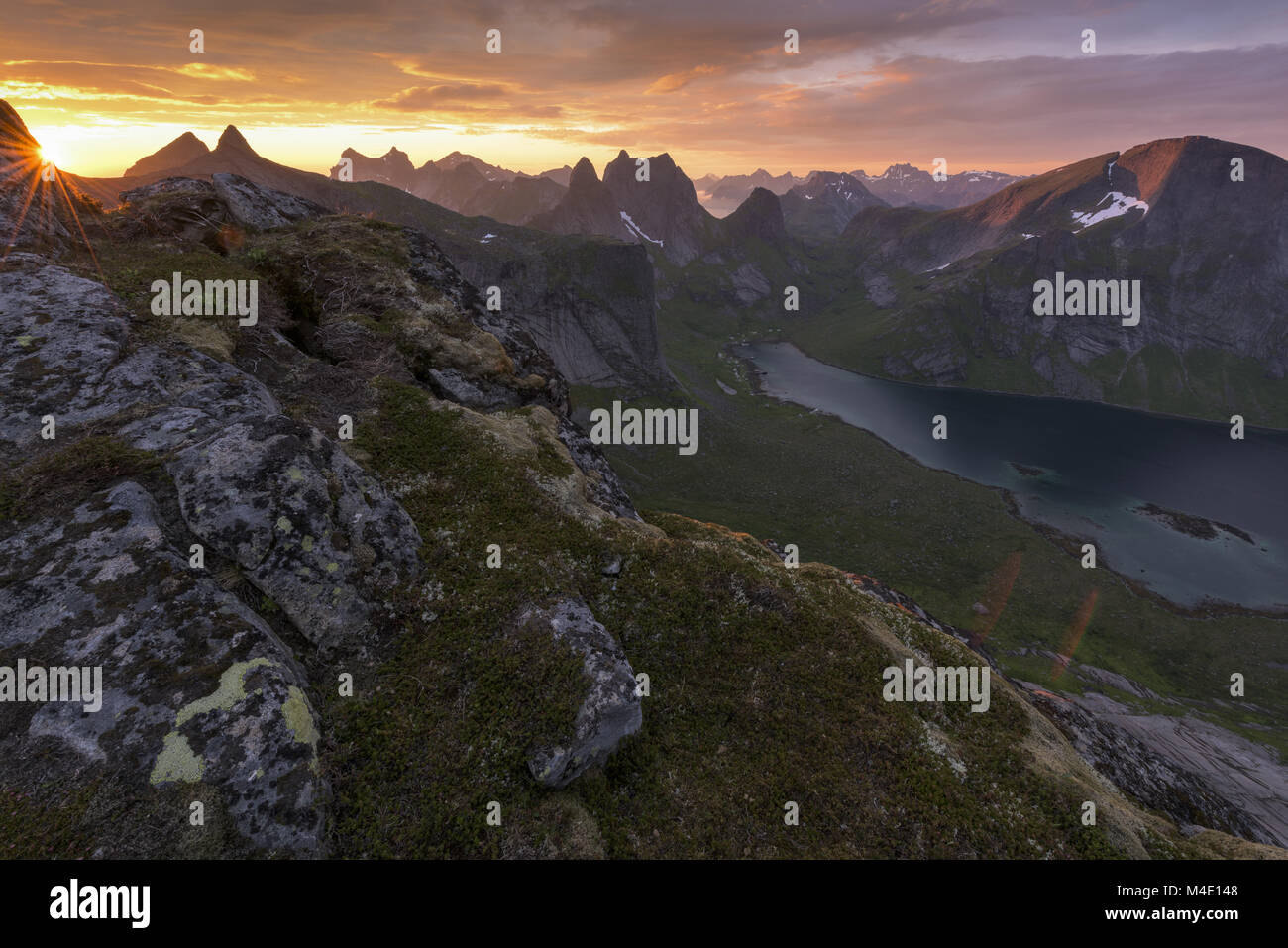 Evening mood, Kjerkfjorden, Moskenesoeya, Lofoten, Norway Stock Photo ...