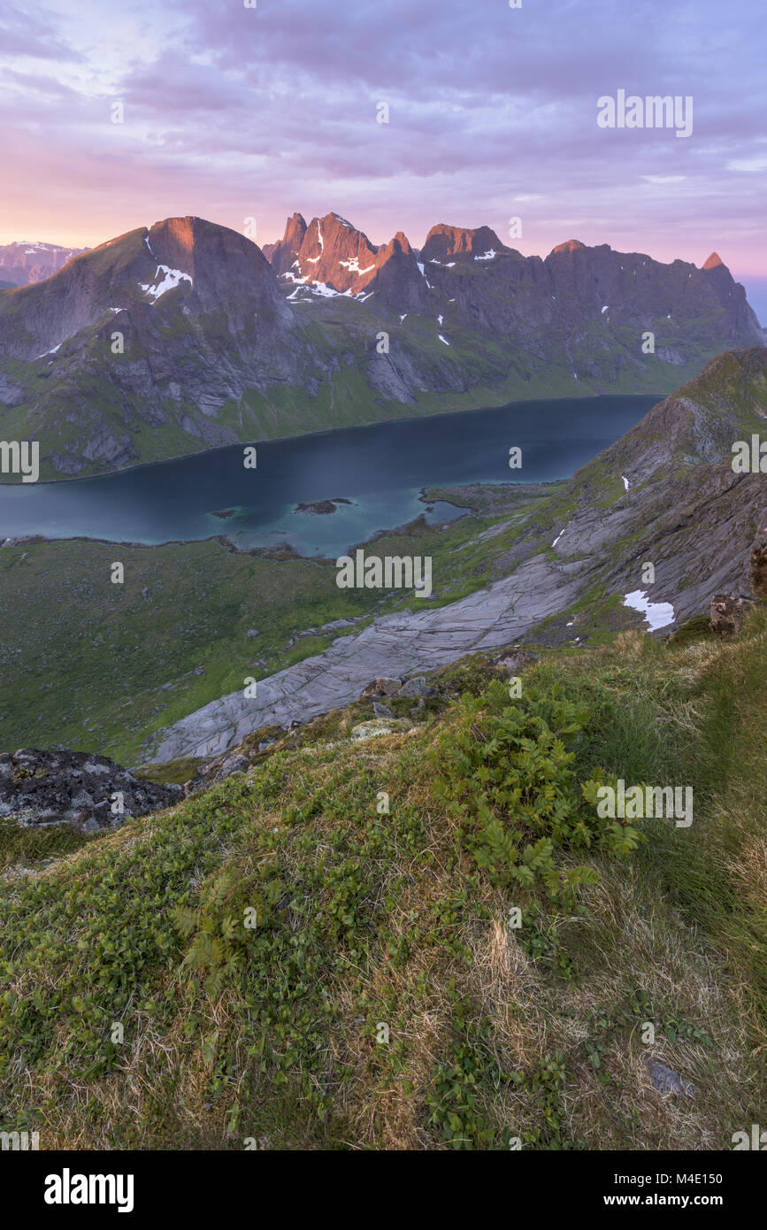 Evening mood, Kjerkfjorden, Moskenesoeya, Lofoten, Norway Stock Photo ...