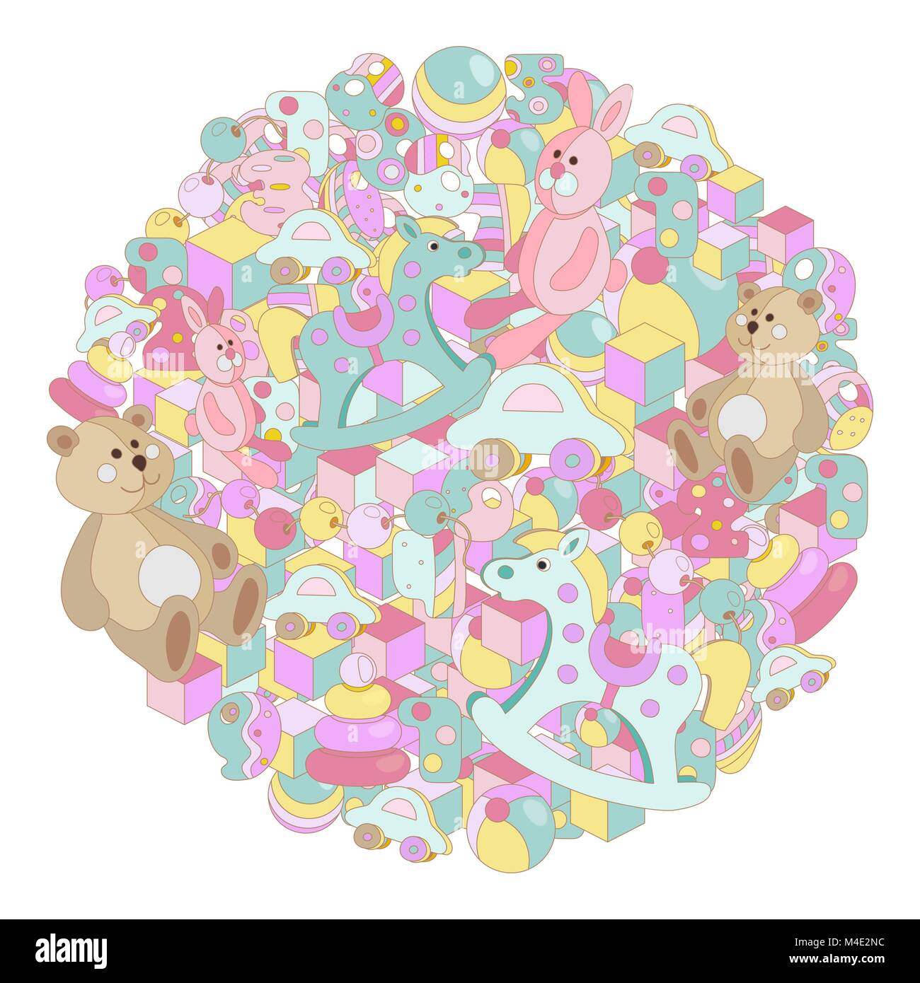 Pastel cartoon doodles baby toy vector illustration. Round picture with ...