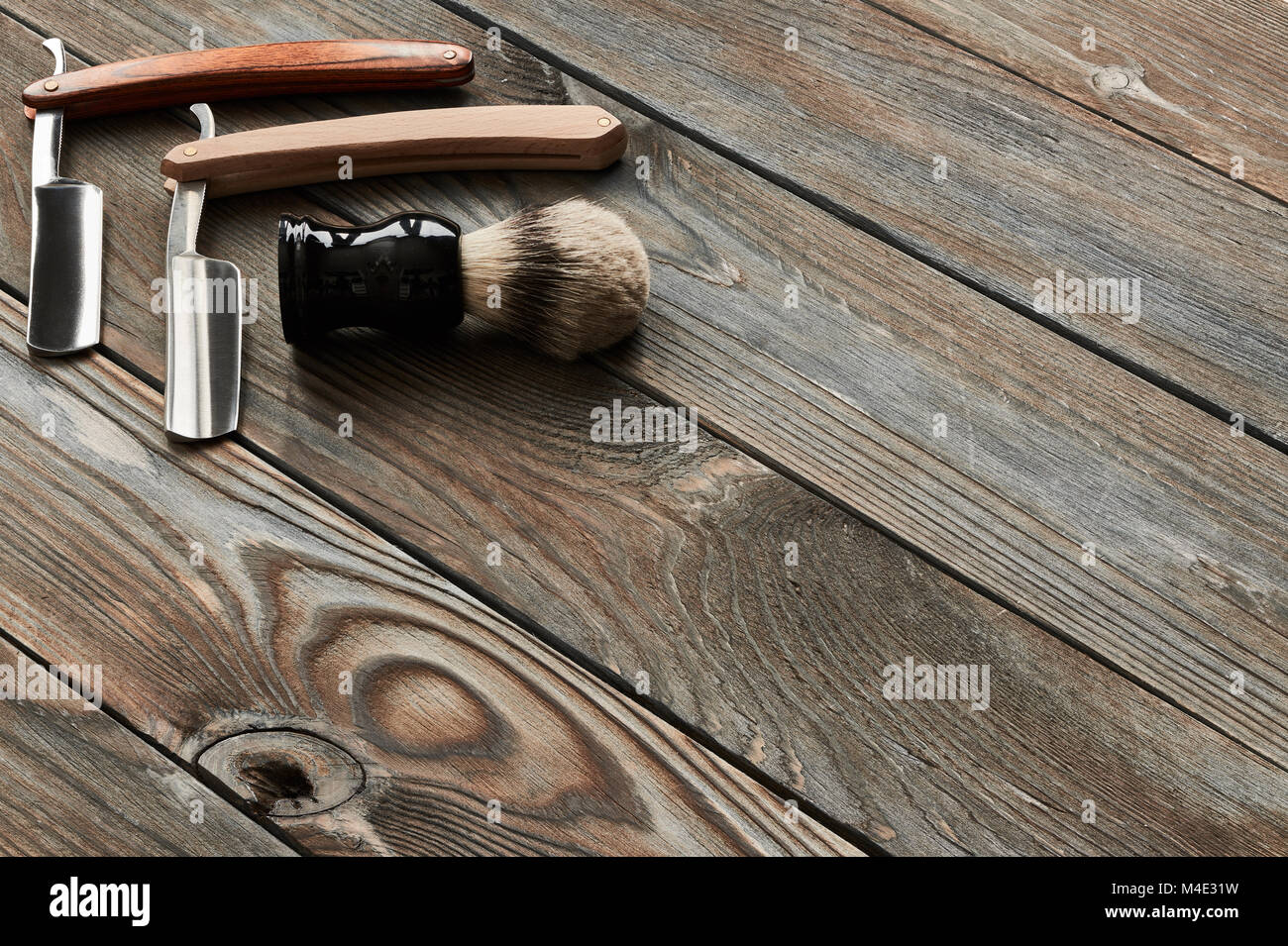 Vintage barber shop tools on wooden background Stock Photo - Alamy