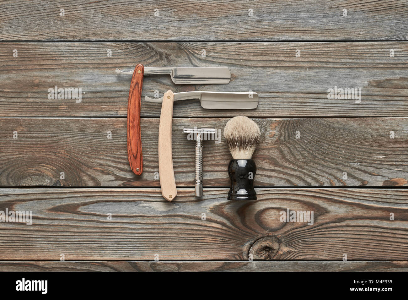 Vintage barber shop tools on wooden background Stock Photo - Alamy
