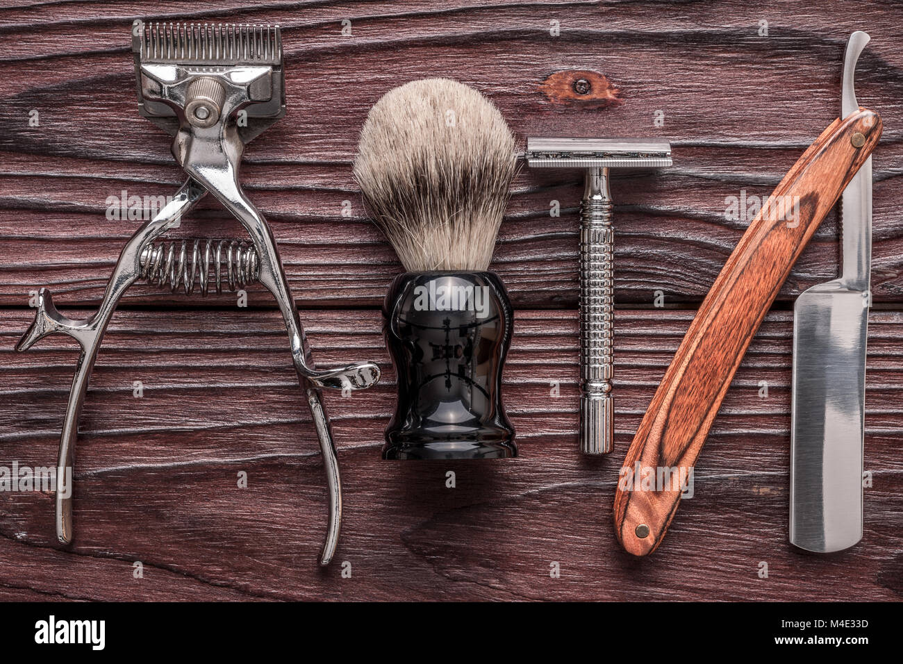 Vintage barber shop tools on wooden background Stock Photo - Alamy