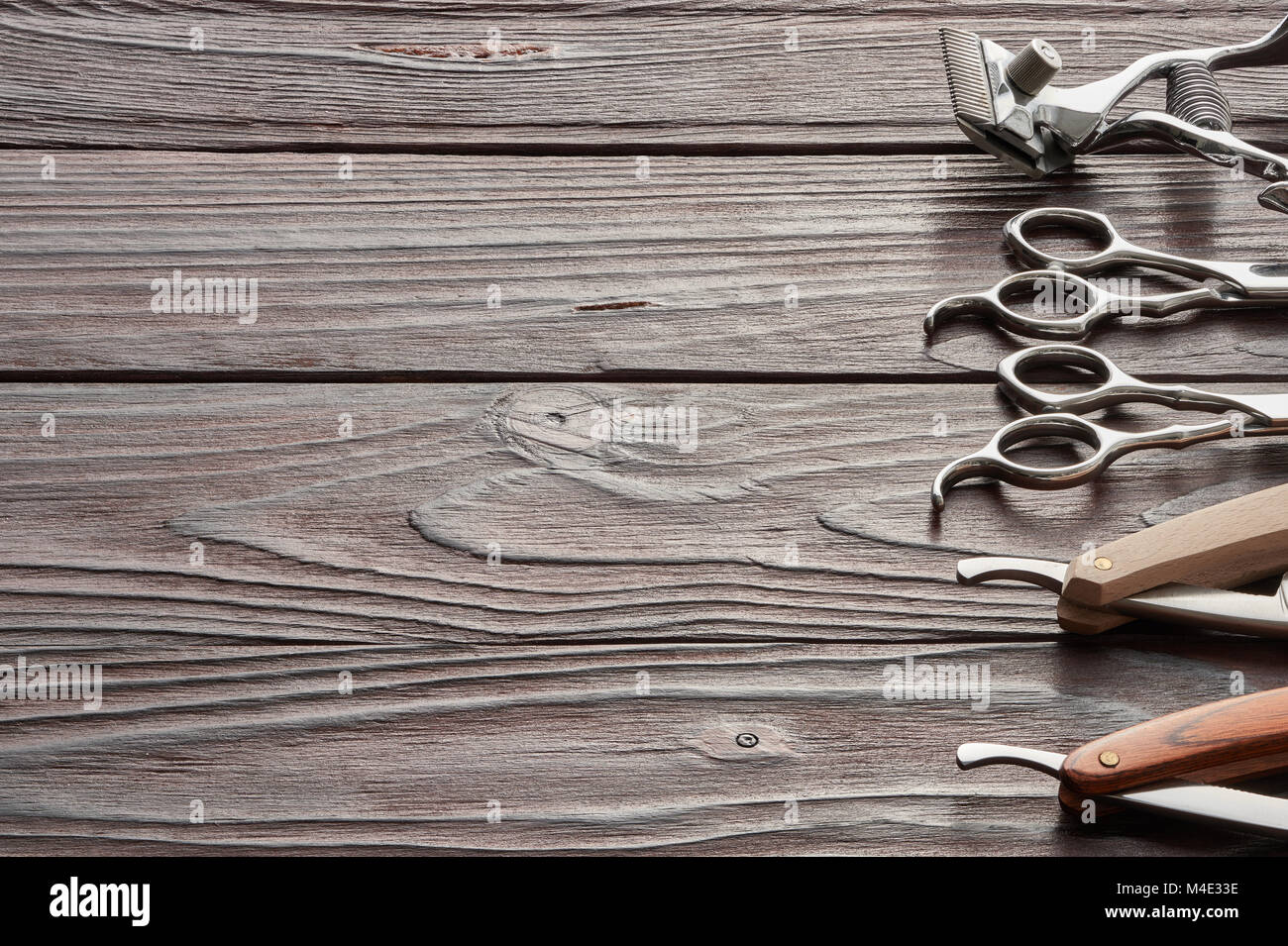 Vintage barber shop tools on wooden background Stock Photo - Alamy