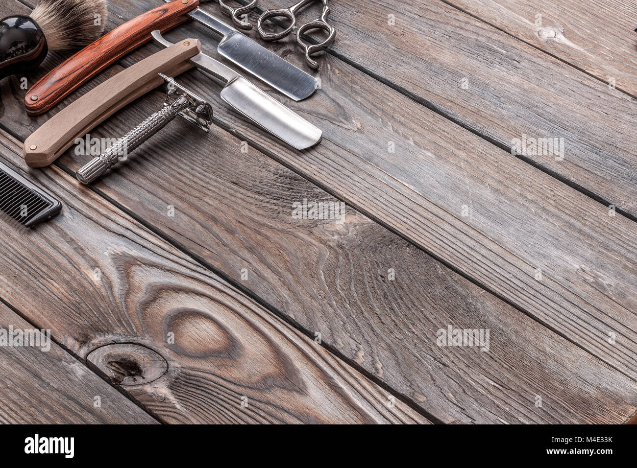 Vintage barber shop tools on wooden background Stock Photo - Alamy