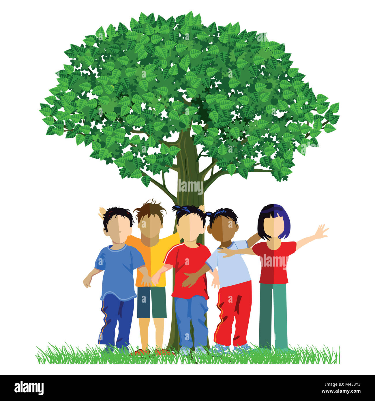 Happy children around a tree illustration Stock Photo - Alamy