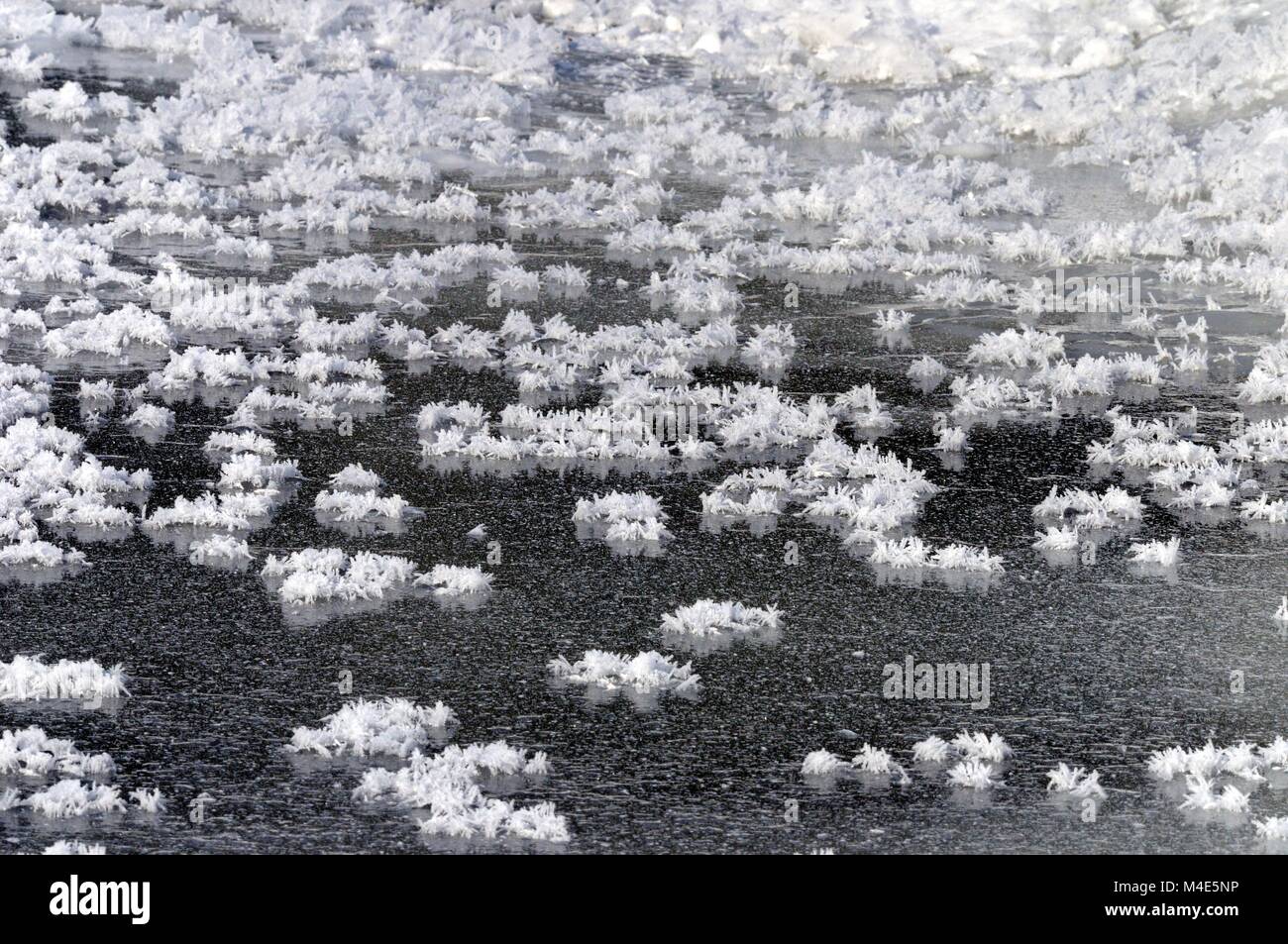 Snow and frost on frozen water Stock Photo - Alamy