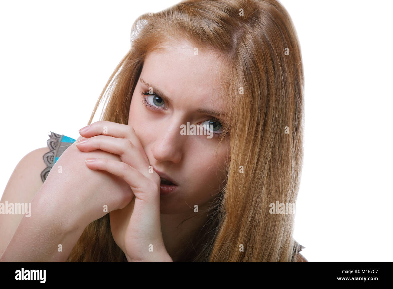 Girl in desperation isolated on white background Stock Photo - Alamy