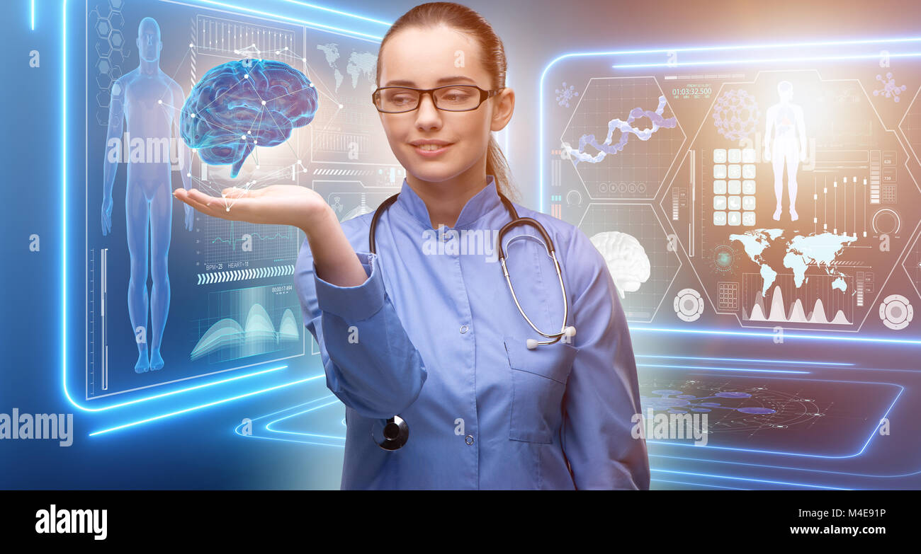 Female doctor with the brain in medical concept Stock Photo - Alamy