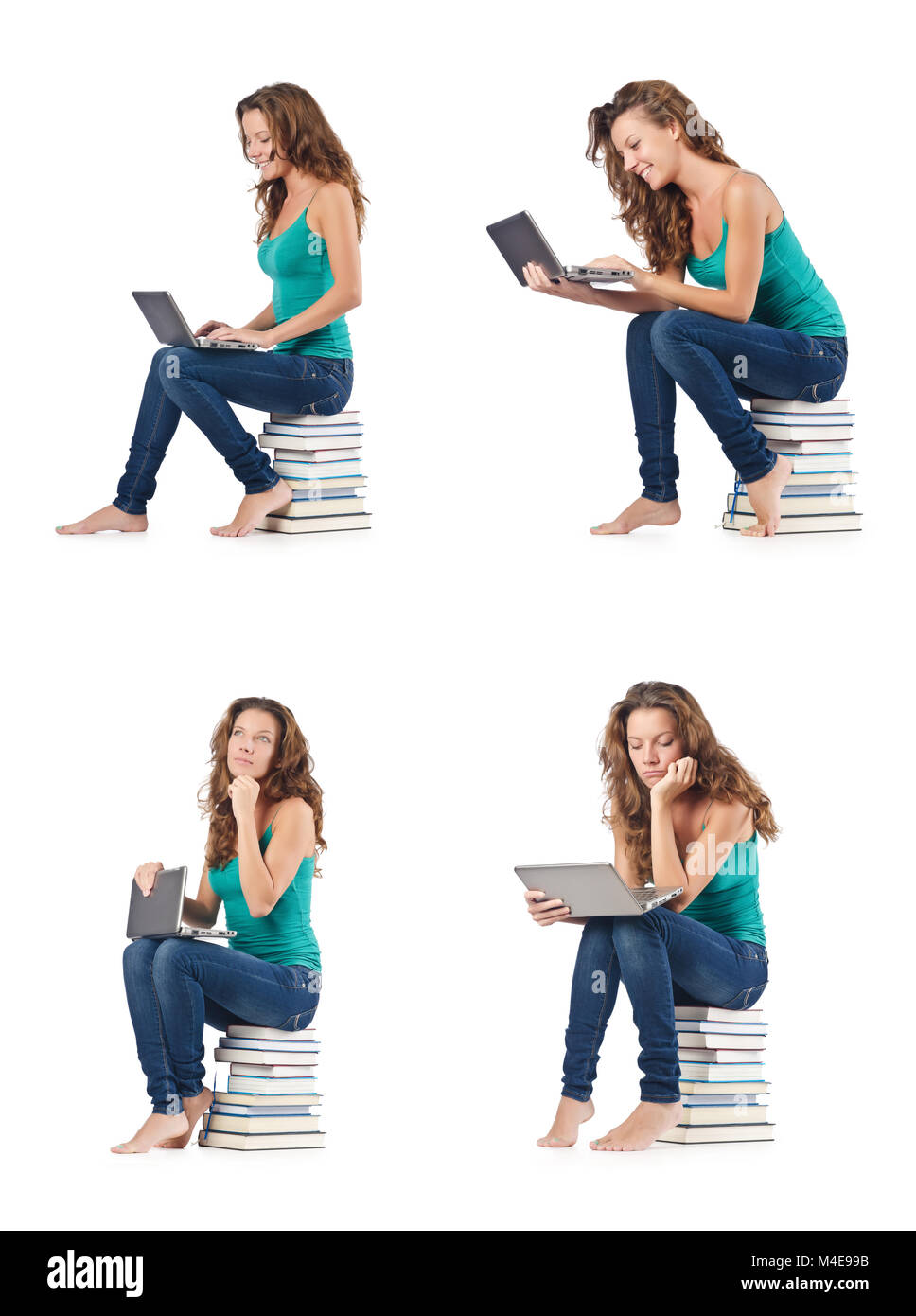 Student with netbook sitting on books Stock Photo - Alamy