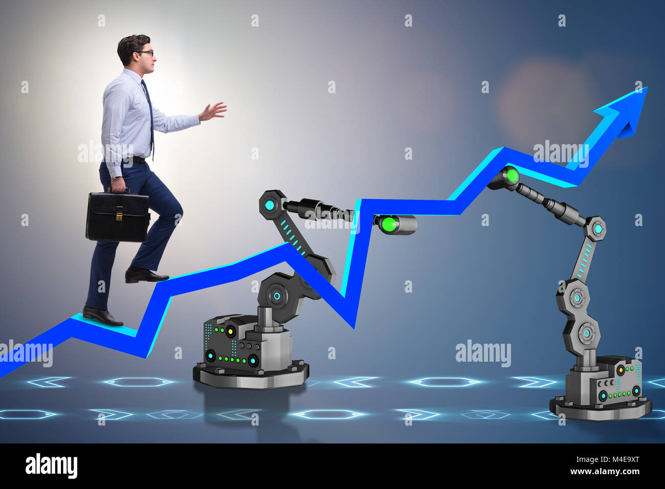 Businessman walking up the chart supported by robotic arm Stock Photo ...