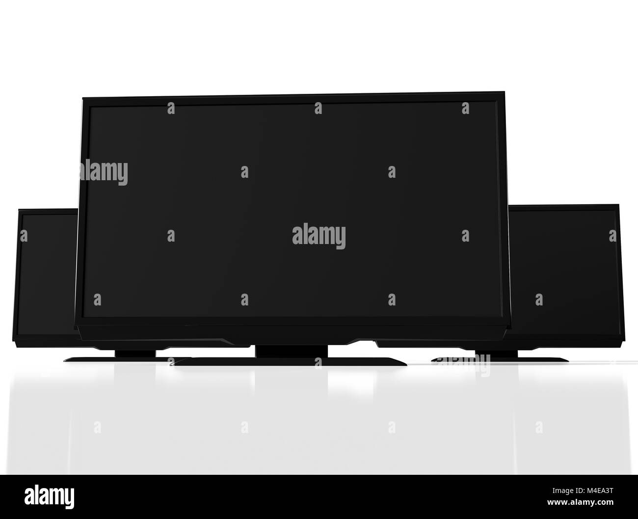 Closeup view of abstract black led tvs on white background, 3D ...