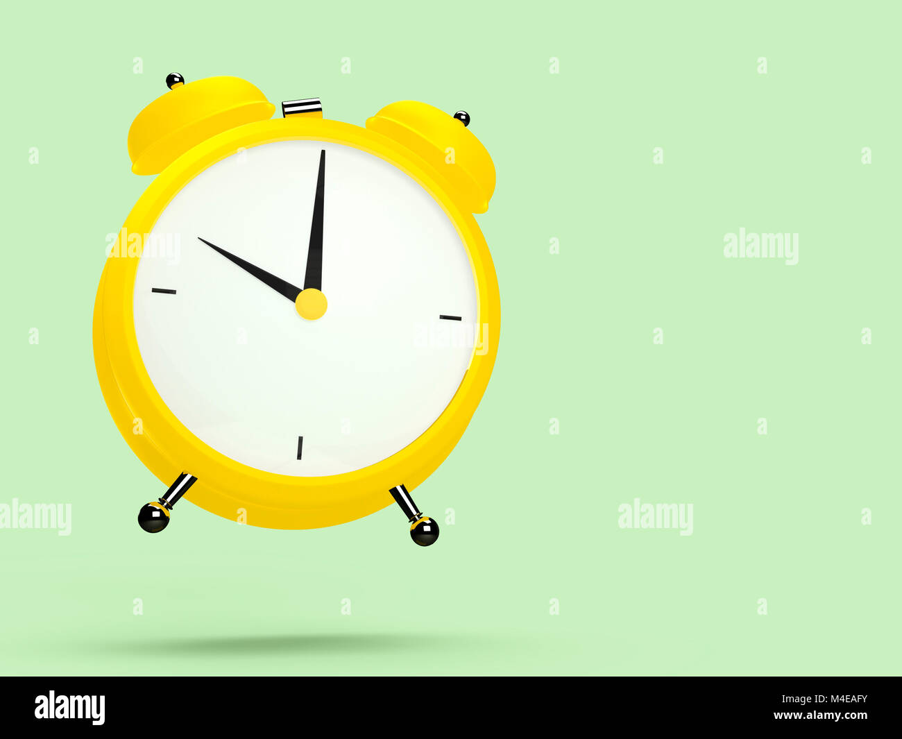 Closeup view of colorful alarm clock on light green background. 10 O ...