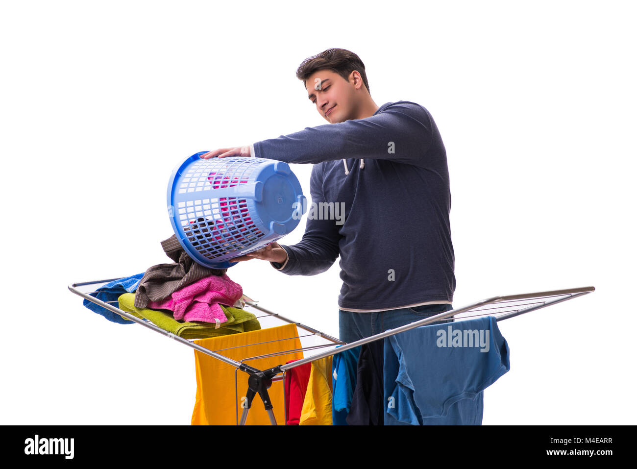 Husband man doing laundry isolated on white Stock Photo - Alamy