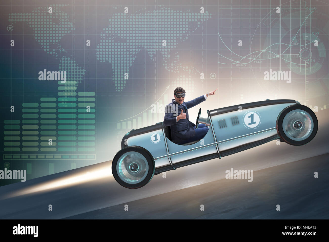 Businessman riding sports car against charts Stock Photo - Alamy