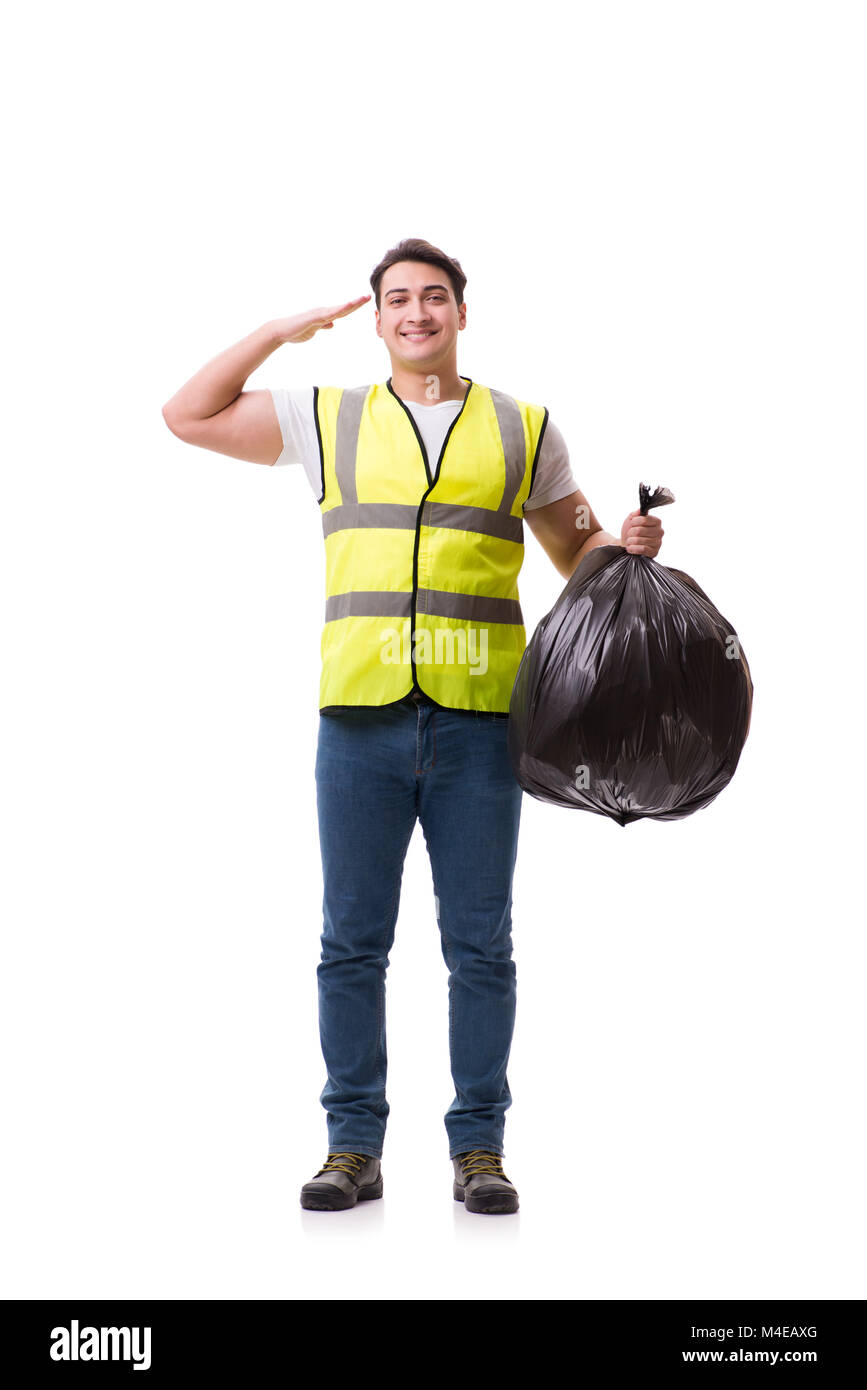 Man with garbage sack isolated on white Stock Photo - Alamy