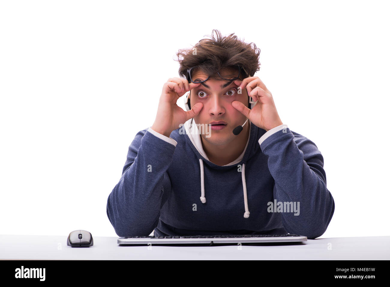 Funny nerd man working on computer isolated on white Stock Photo - Alamy