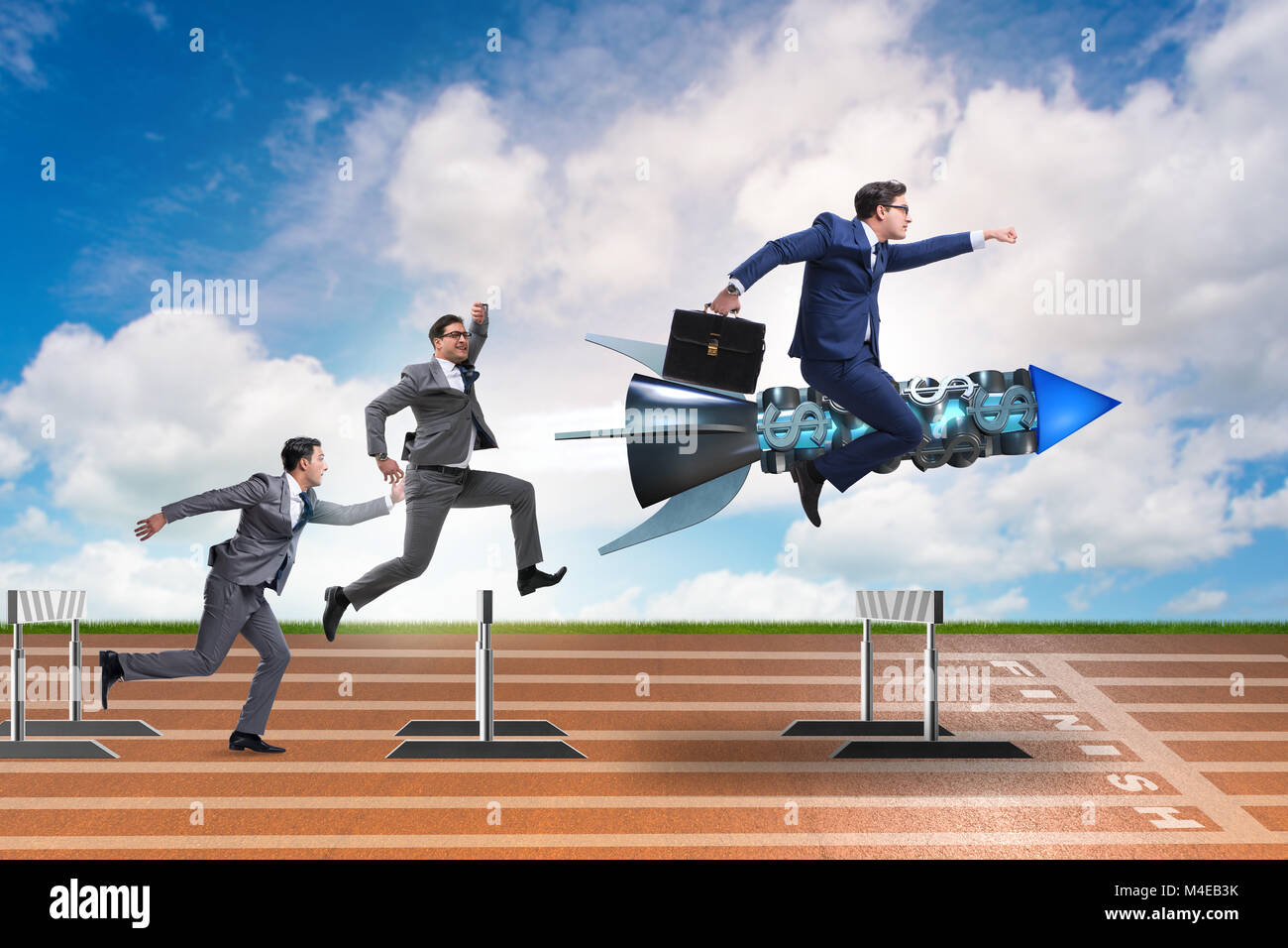 Competition concept with businessman and rocket Stock Photo - Alamy