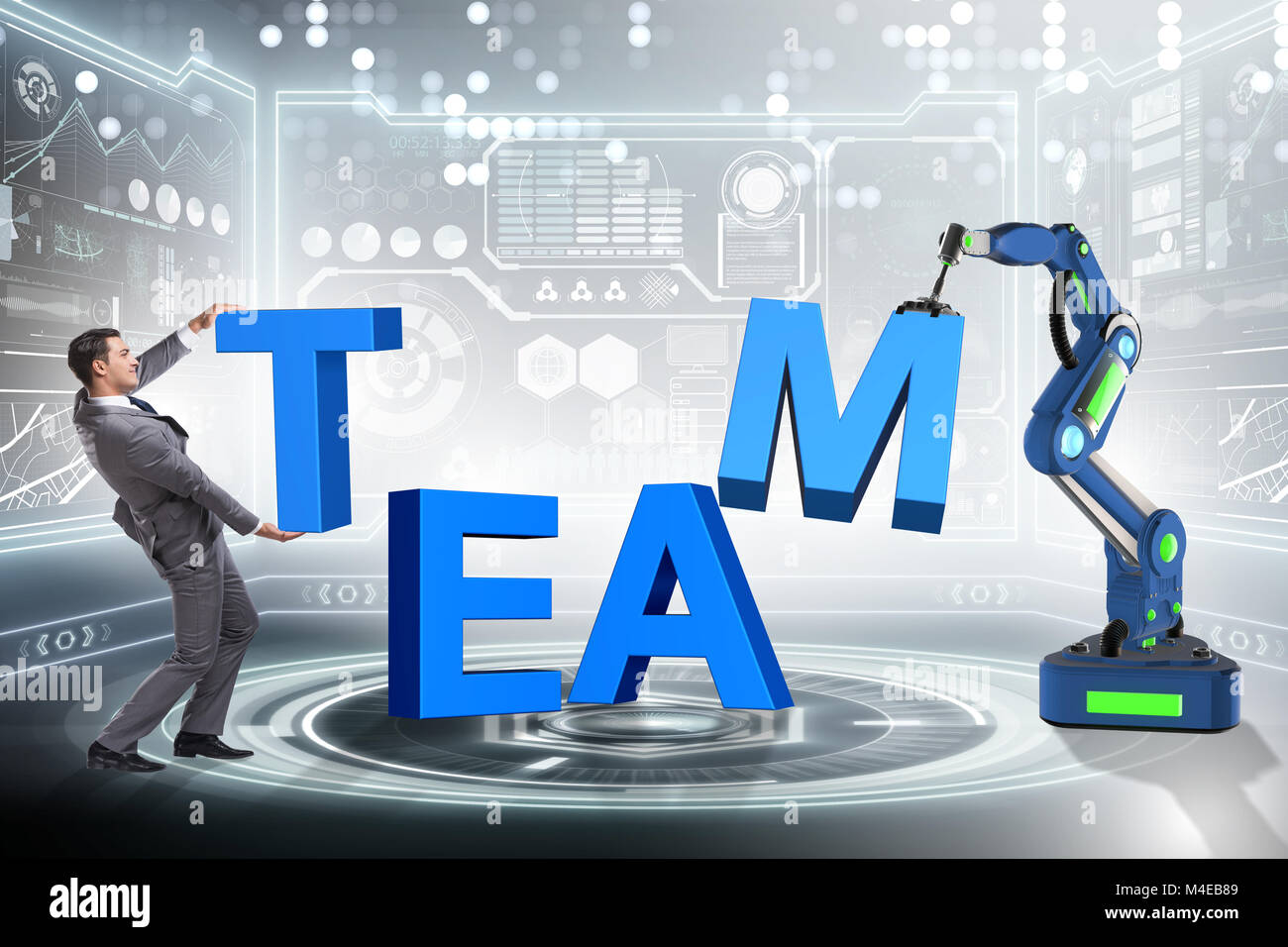 Man and robotic arm in teamwork concept Stock Photo - Alamy