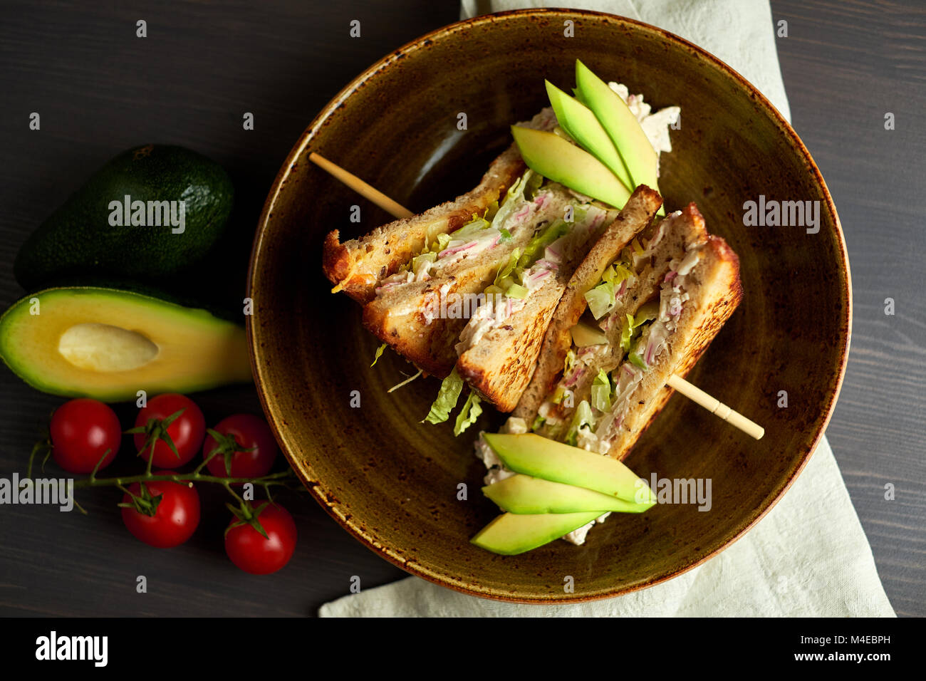 Top view of Healthy Sandwich toast with lettuce, ham, cheese and tomato ...