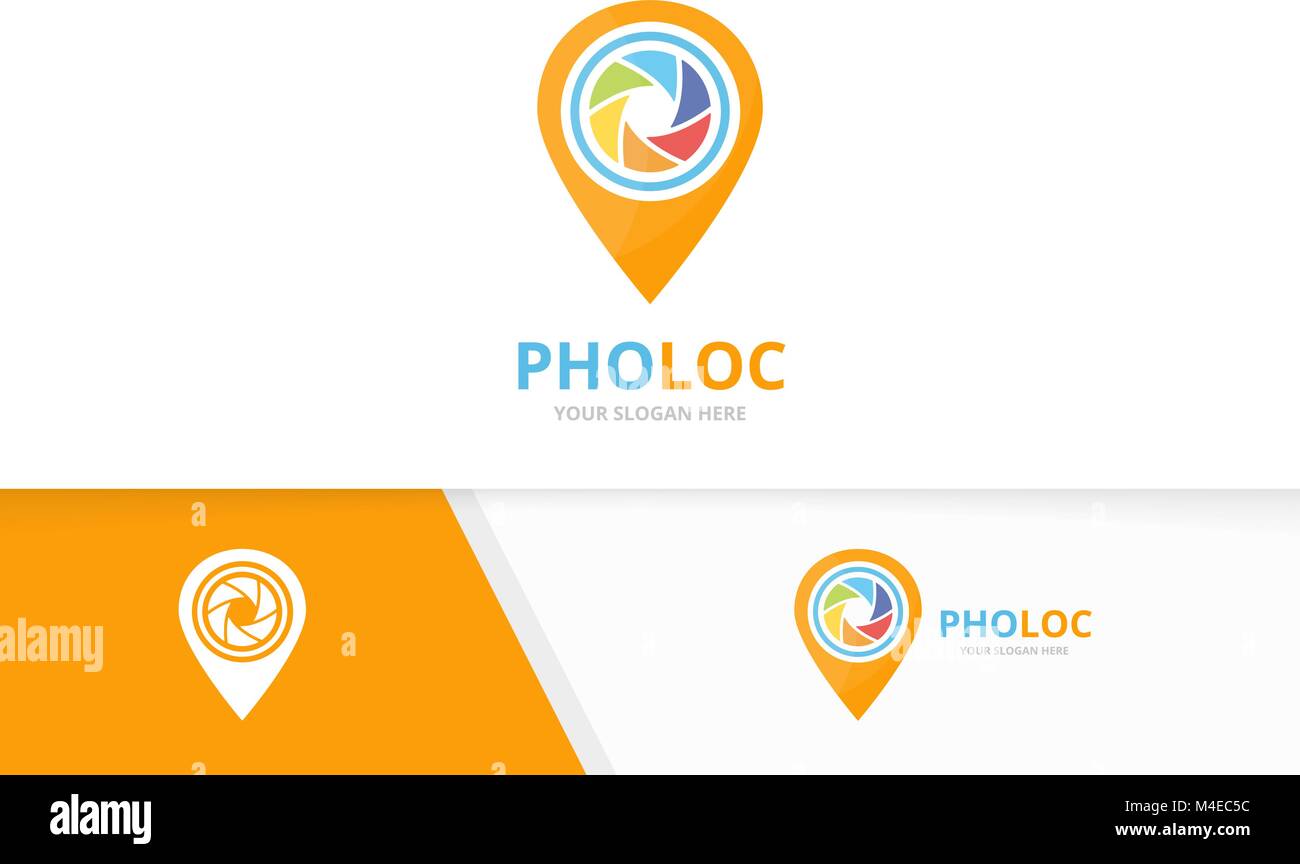 Vector camera shutter and map pointer logo combination. Lens and gps ...