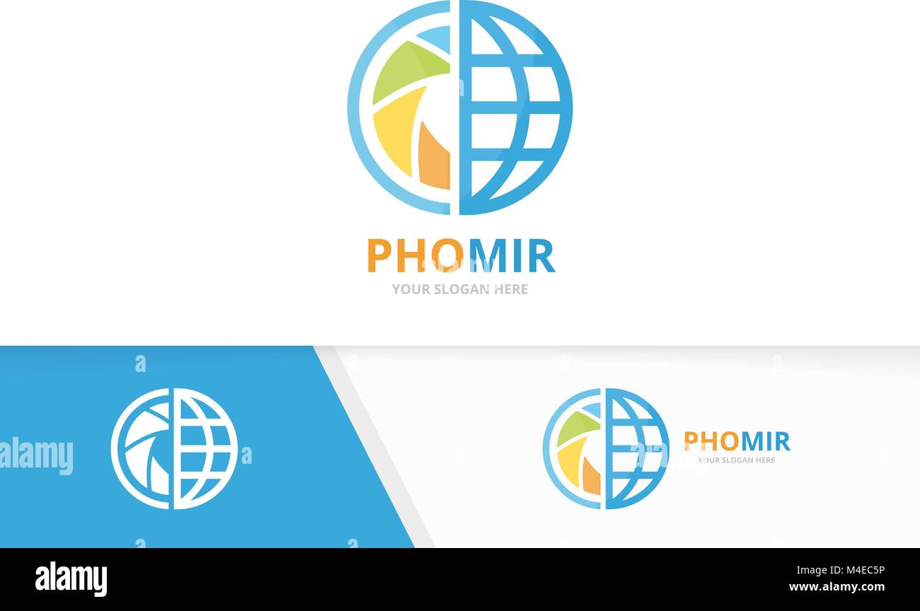 Vector camera shutter and planet logo combination. Lens and world ...