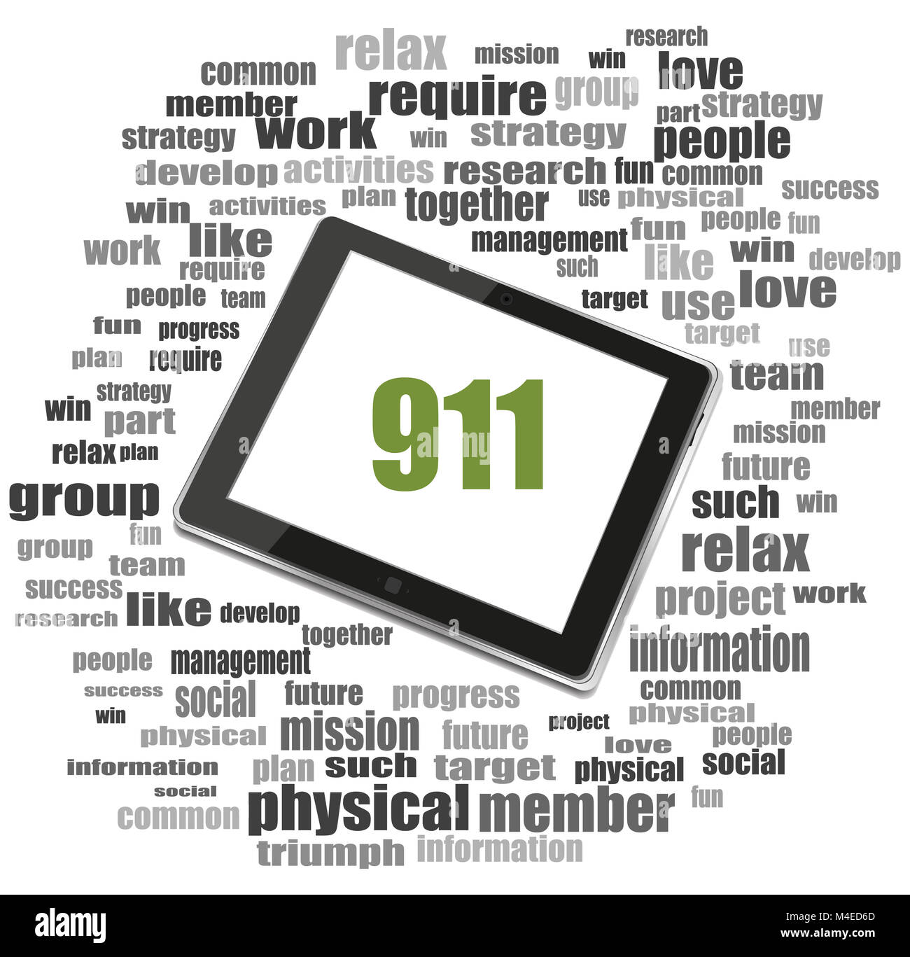 Text 911. Securitry concept . Tablet Pc. Word cloud collage Stock Photo ...