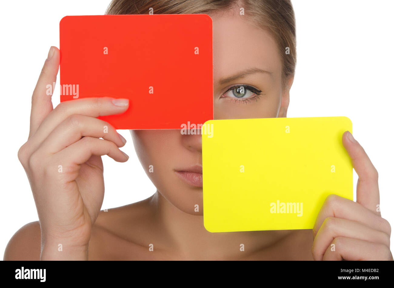 young beautiful woman with red and yellow card Stock Photo - Alamy
