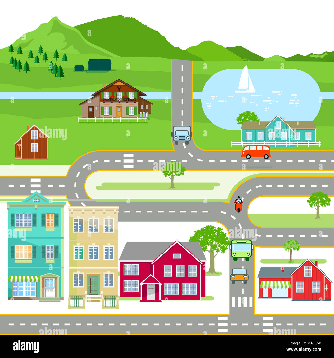 Scene with houses and road traffic, illustration Stock Photo - Alamy