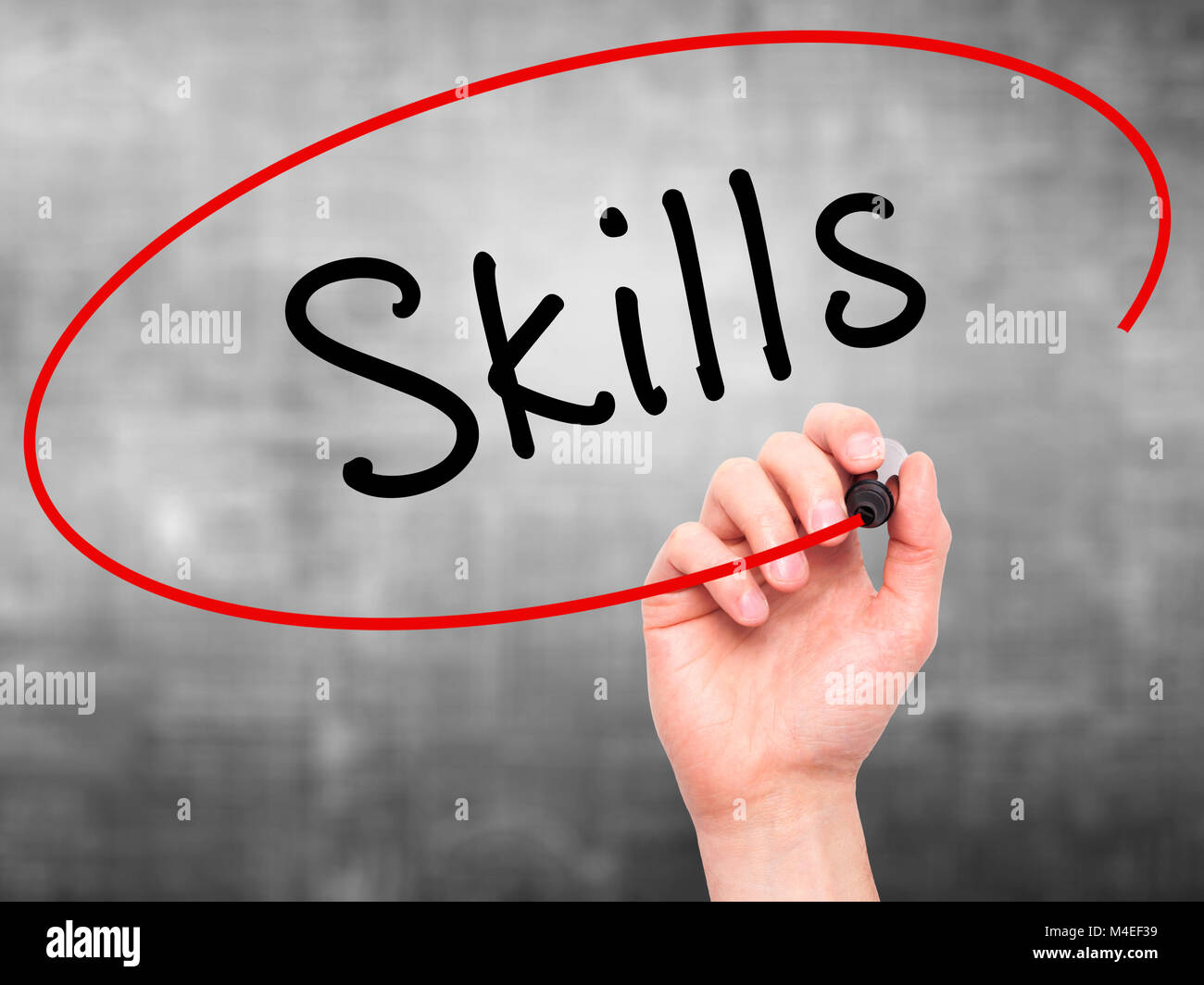 Man Hand writing Skills with marker on transparent wipe board Stock ...