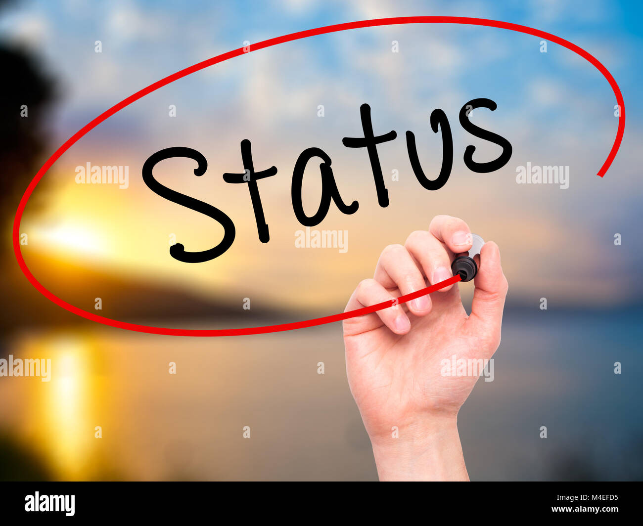 Man Hand writing Status with black marker on visual screen Stock Photo ...