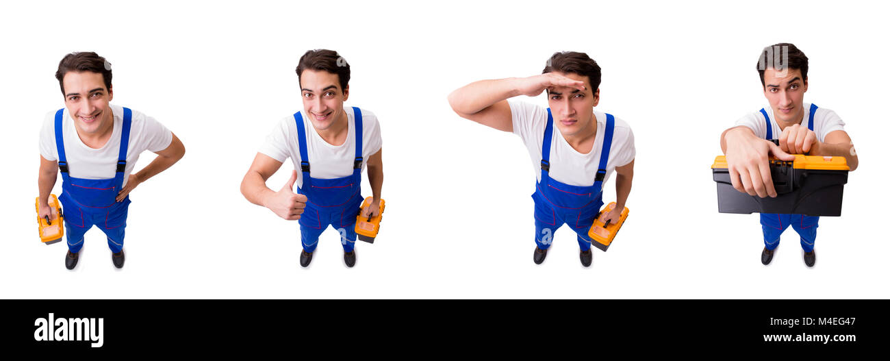 The funny repairman with tools isolated on white Stock Photo - Alamy