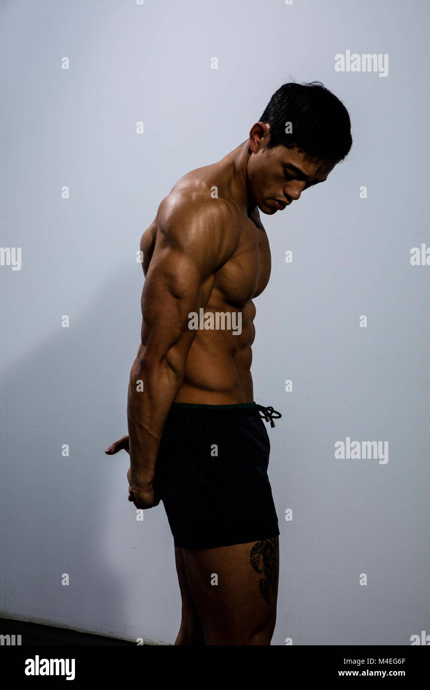 A fitness model torso with the chest muscles tightly flexed. Medium ...