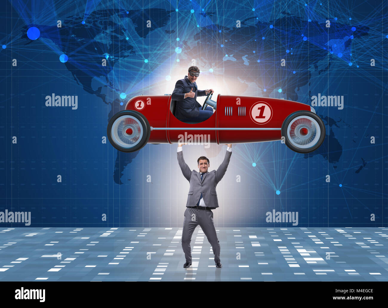 Businessman lifting sports car in power concept Stock Photo - Alamy