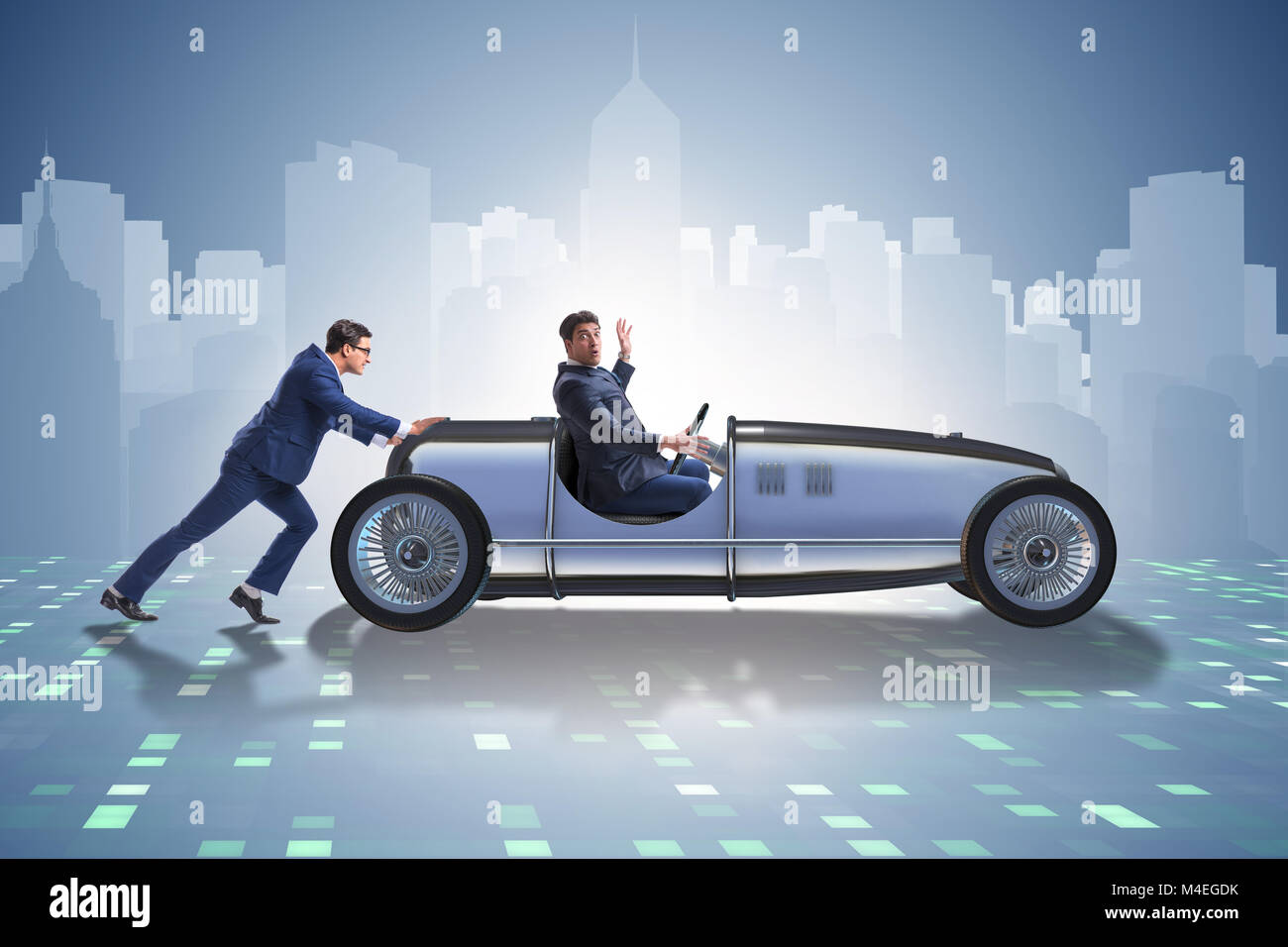 Businessman car pushing in teamwork concept Stock Photo - Alamy