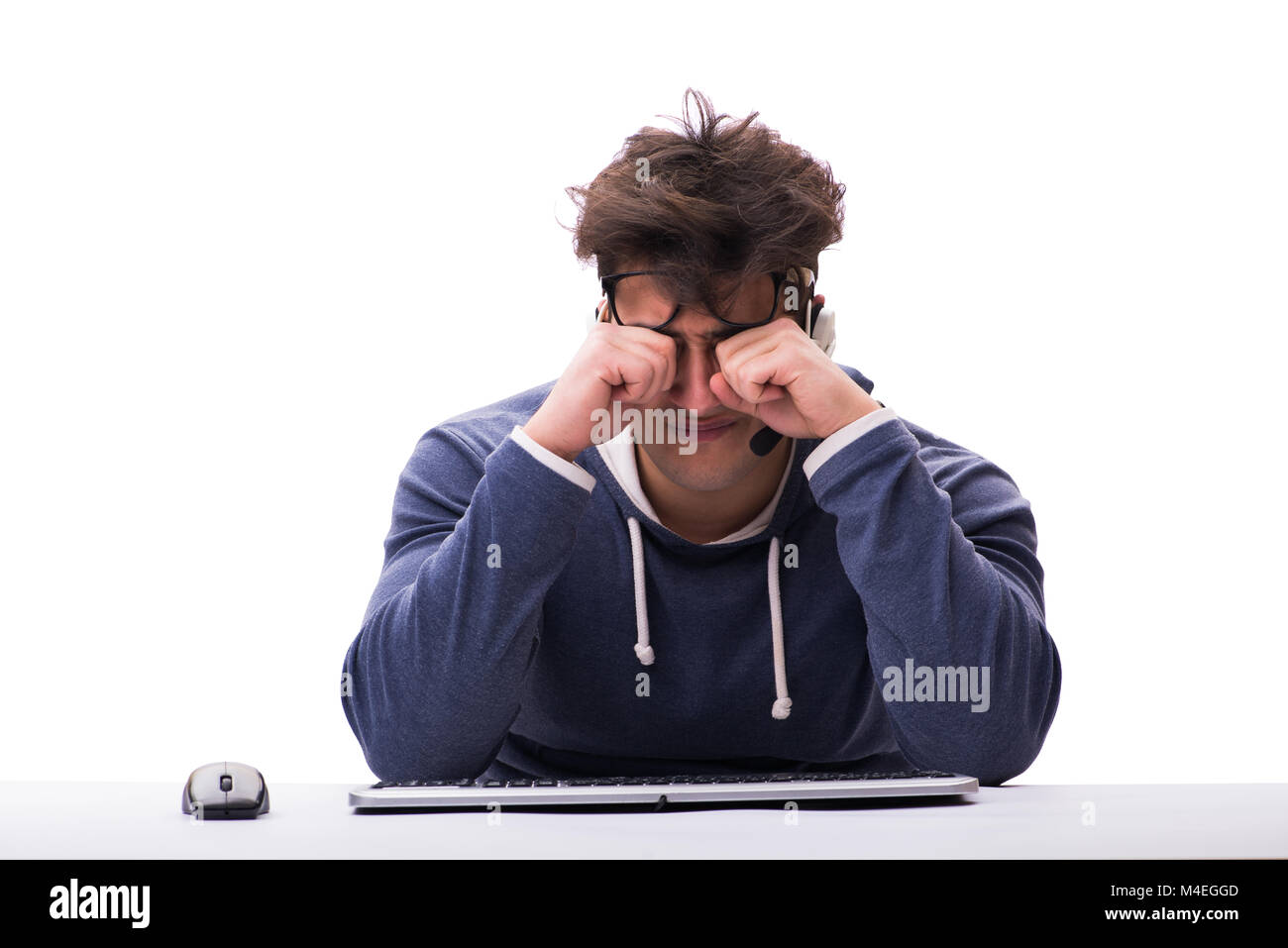 Funny nerd man working on computer isolated on white Stock Photo - Alamy